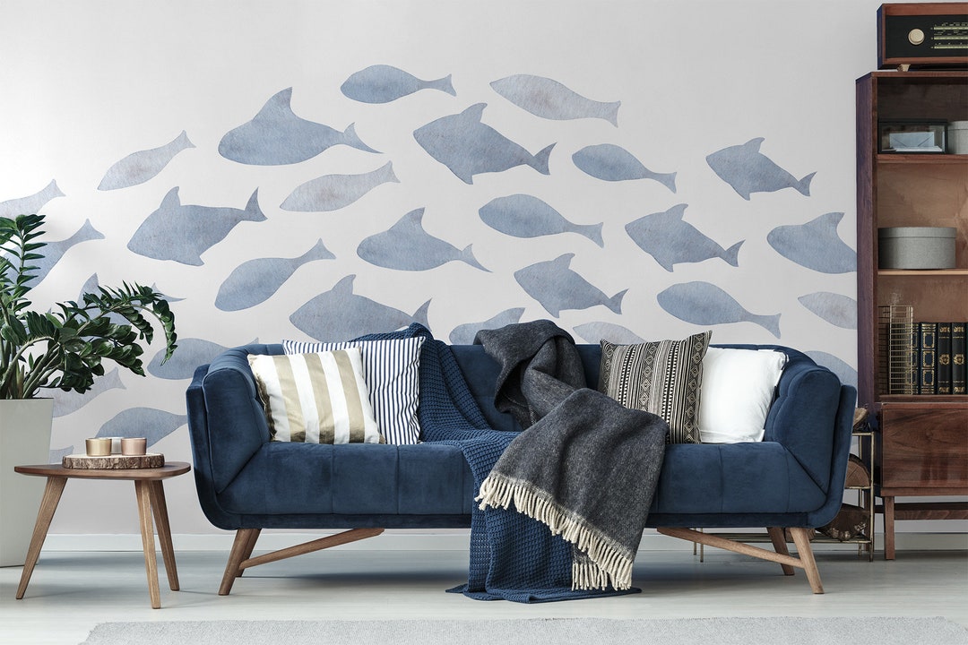 Watercolor Blue Fish Wallpaper, Animal Wall Mural, Self Adhesive (peel ...