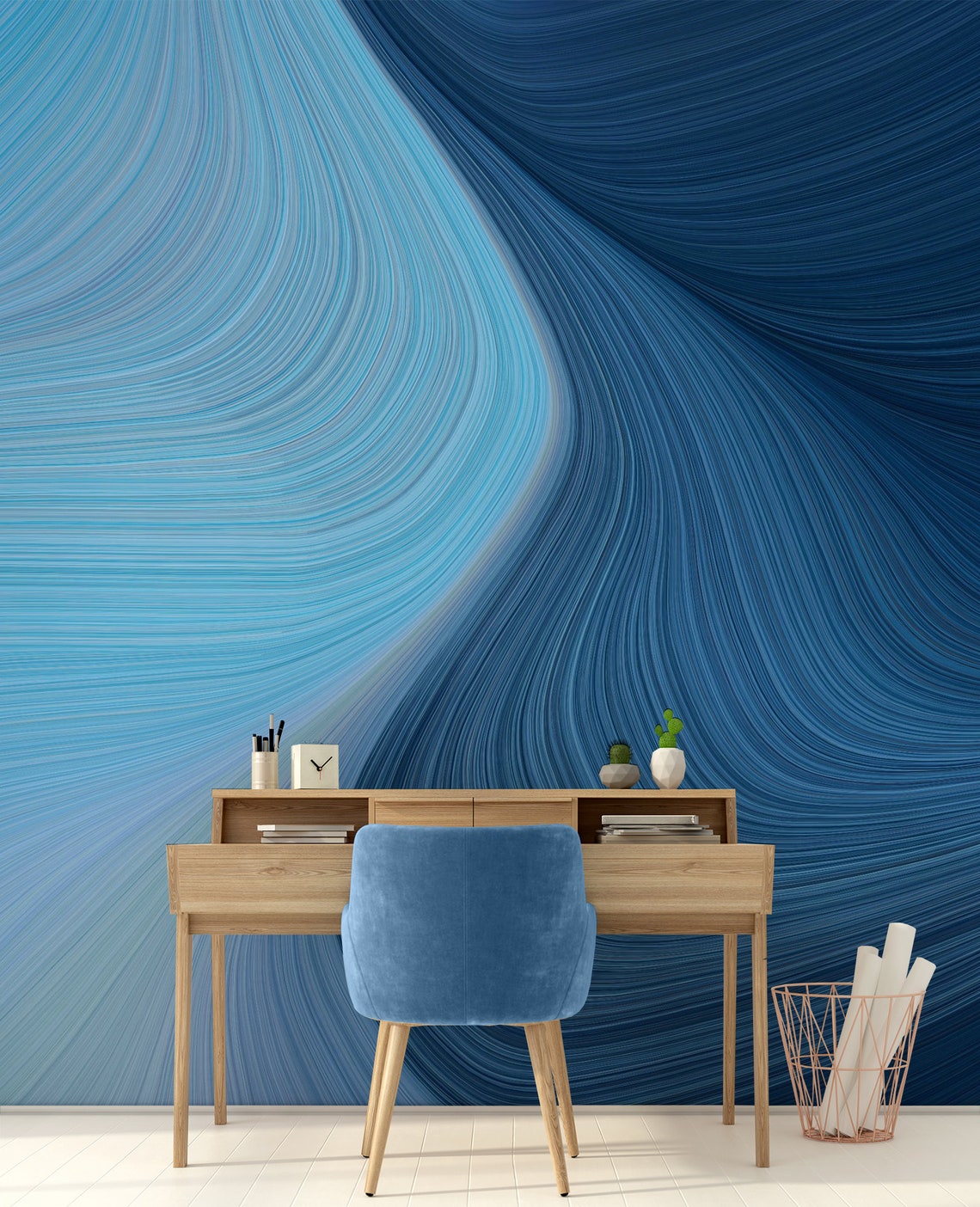 Blue Wallpaper, Dynamic Lines With Waves and Curves, Wall Mural ...
