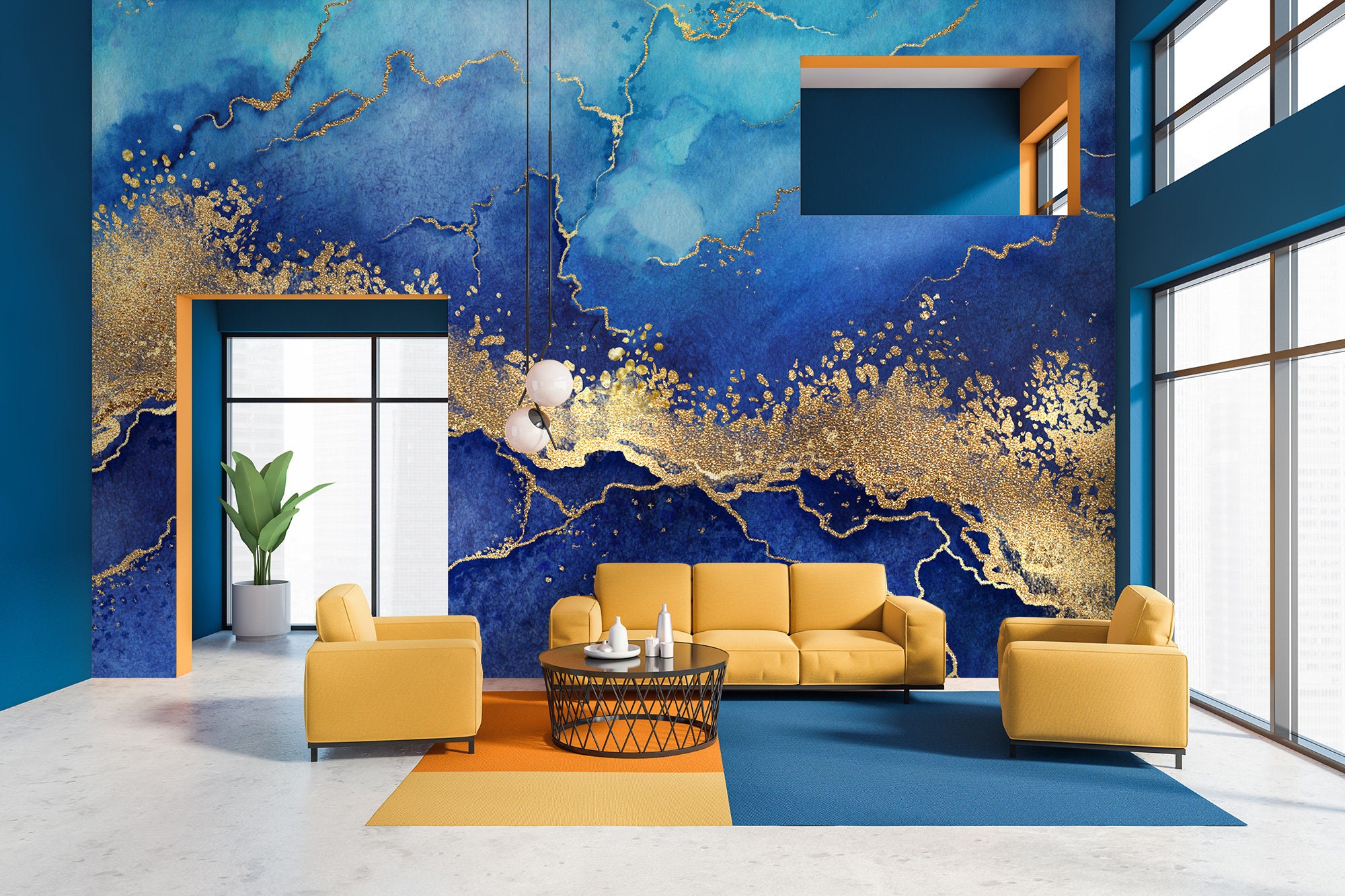 Abstract Wallpaper Blue and Yellow Matte non Metallic - Etsy