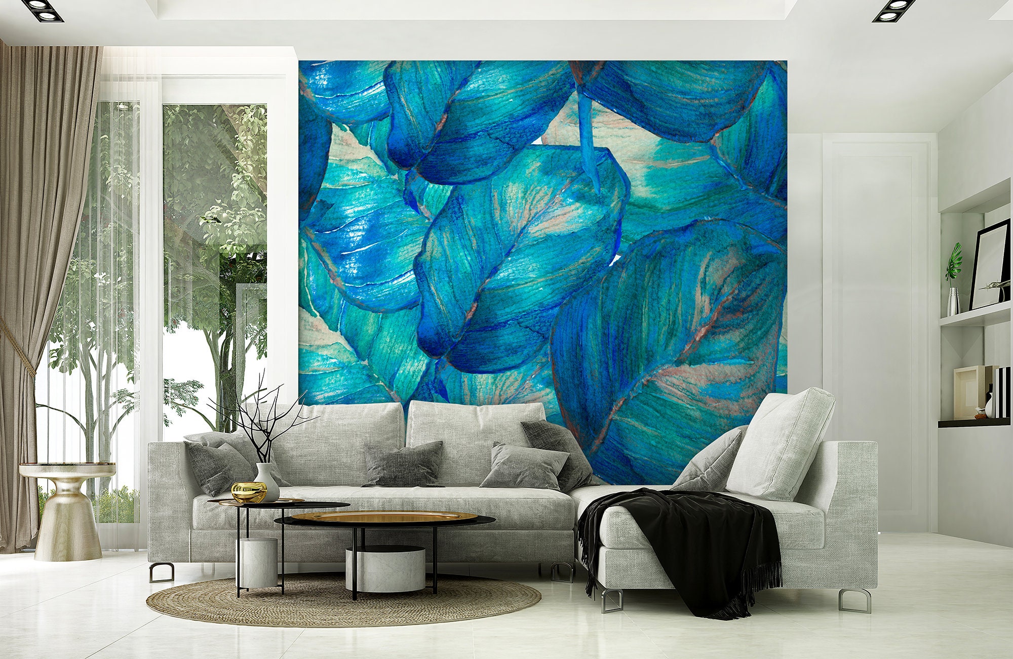 Blue Wallpaper With Watercolor Big Abstract Leaves, Peel and Stick ...