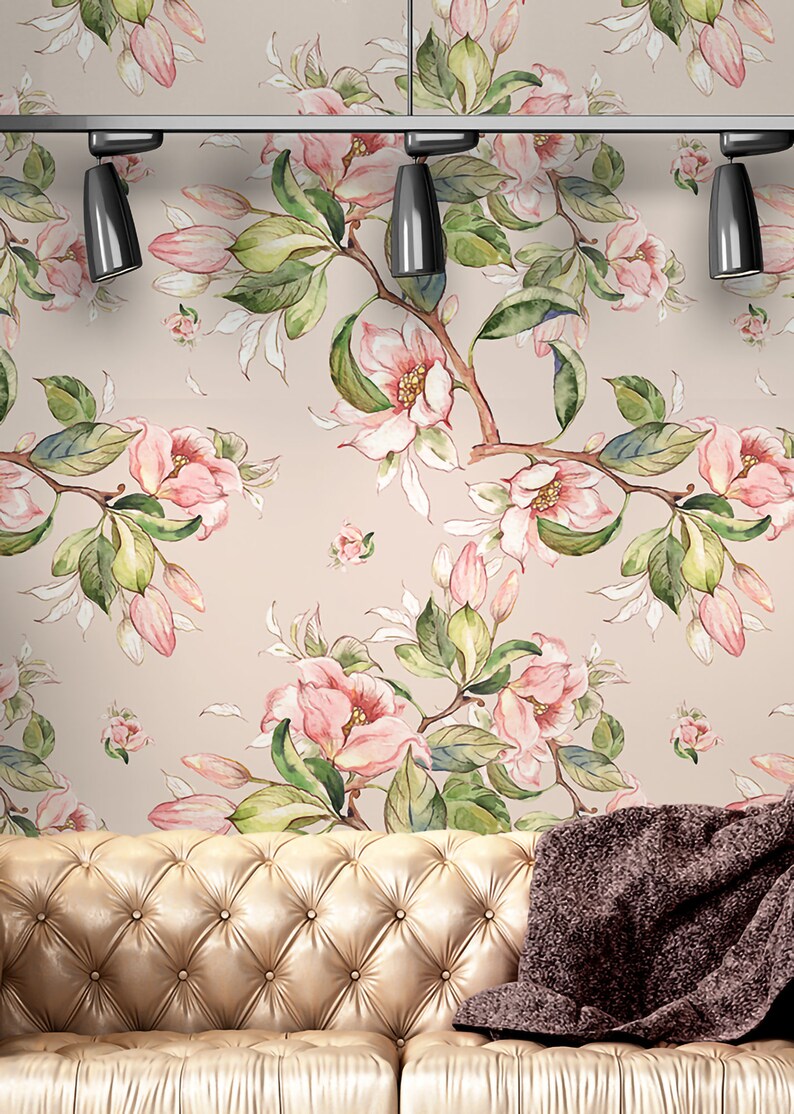 Beige Floral Wallpaper With Pink Flowers and Leaves - Etsy