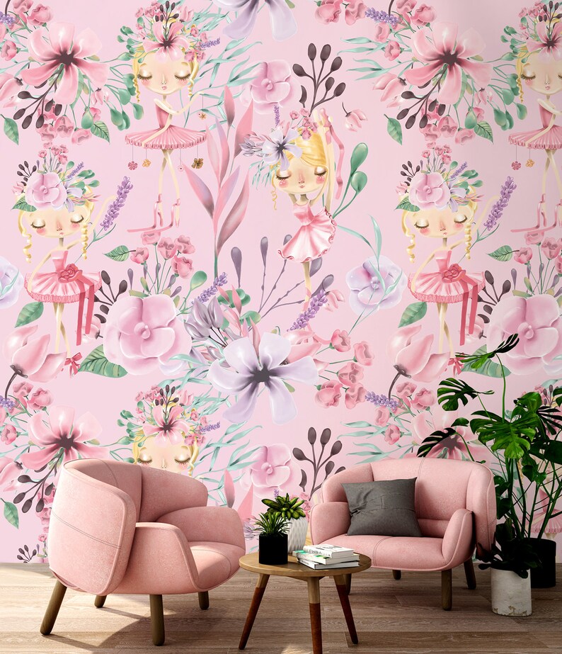 Pink Wallpaper for Kids With Flowers and Ballerina, Floral Wall Mural ...