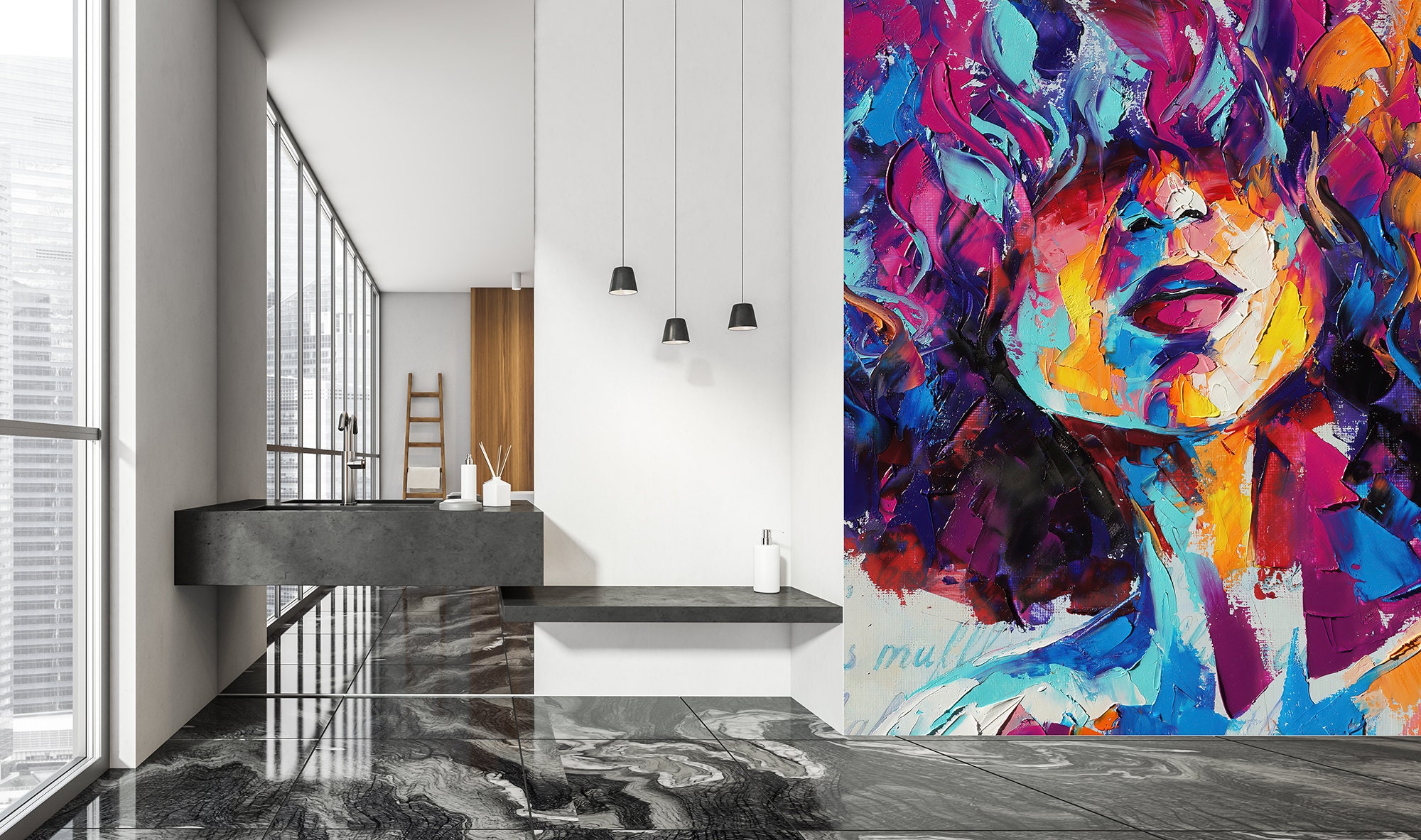 Abstract mural of a beautiful girl colorful wallpaper Wall | Etsy