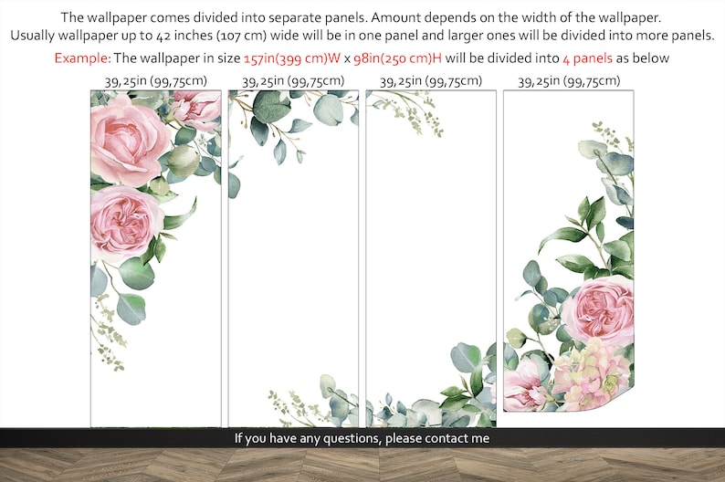 Watercolor Floral Wallpaper With Pink Flowers, Wall Mural, Self ...