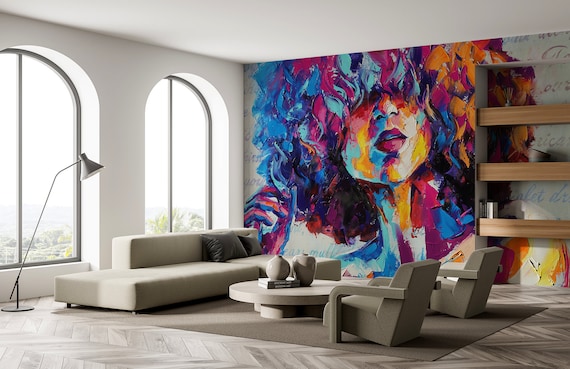 Abstract mural of a beautiful girl colorful wallpaper Wall | Etsy