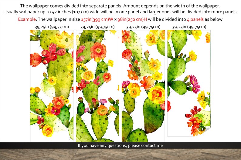 Watercolor Blooming Cactus Removable Wallpaper, Blossom Print, Self ...
