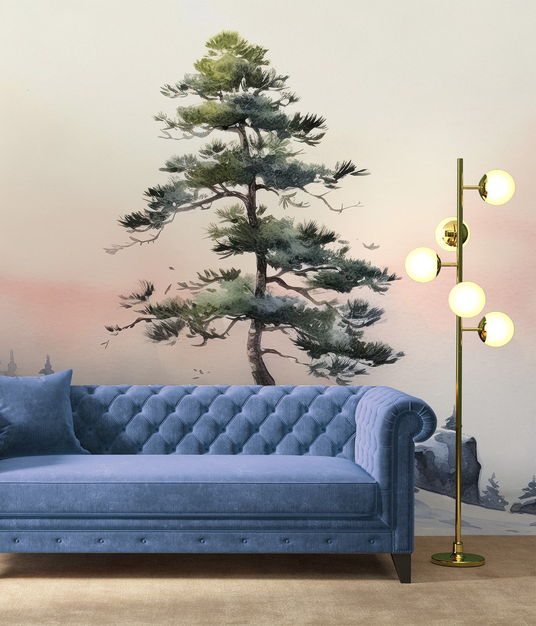 Light Watercolor Pine Tree Wallpaper, Wall Mural, Self Adhesive (peel ...