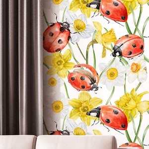 Floral and Ladybug Wallpaper, Wall Mural, Self Adhesive (peel and Stick ...