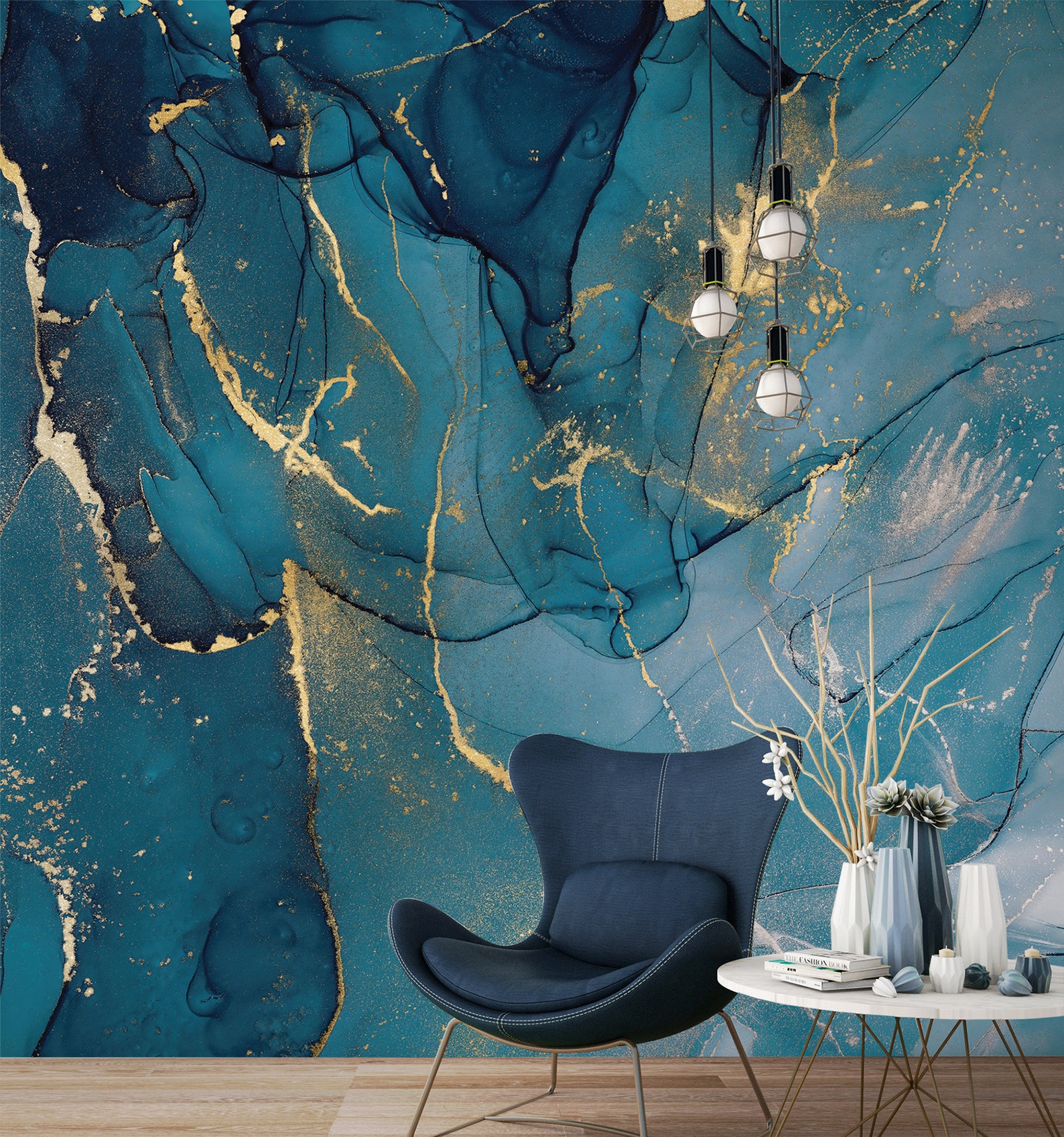 Watercolor Blue Marble Wallpaper, Abstract Turquoise Matte Wall Mural ...