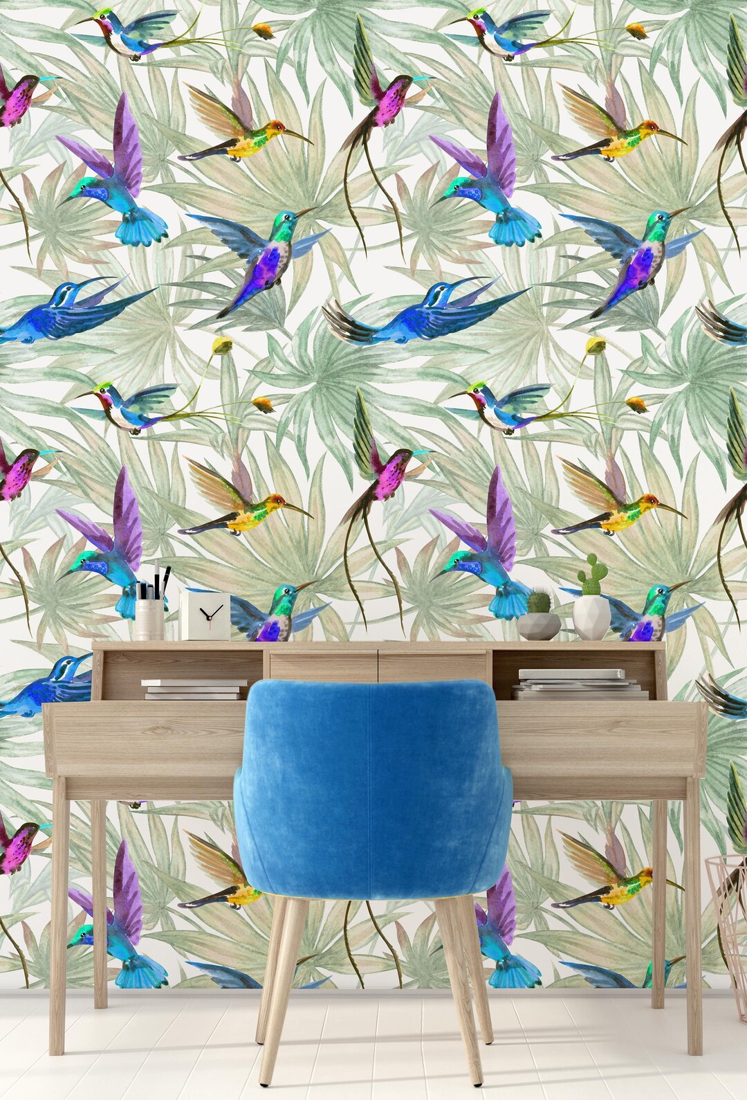 Fan Palm Leaf & Humming Bird Wallpaper, Watercolor Pastel Wall Mural ...