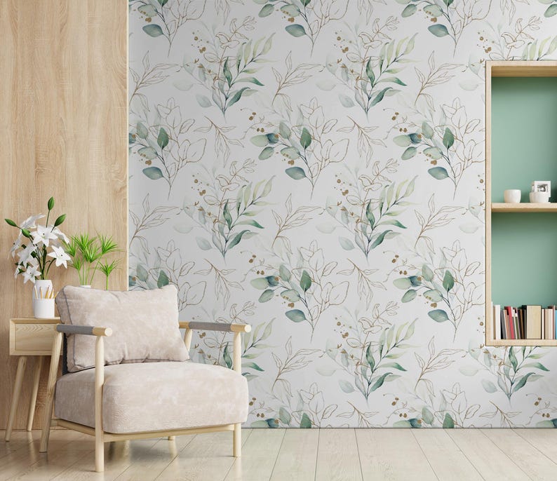 Beautiful Matte Light Green Wallpaper With Watercolor Leaves, Removable ...
