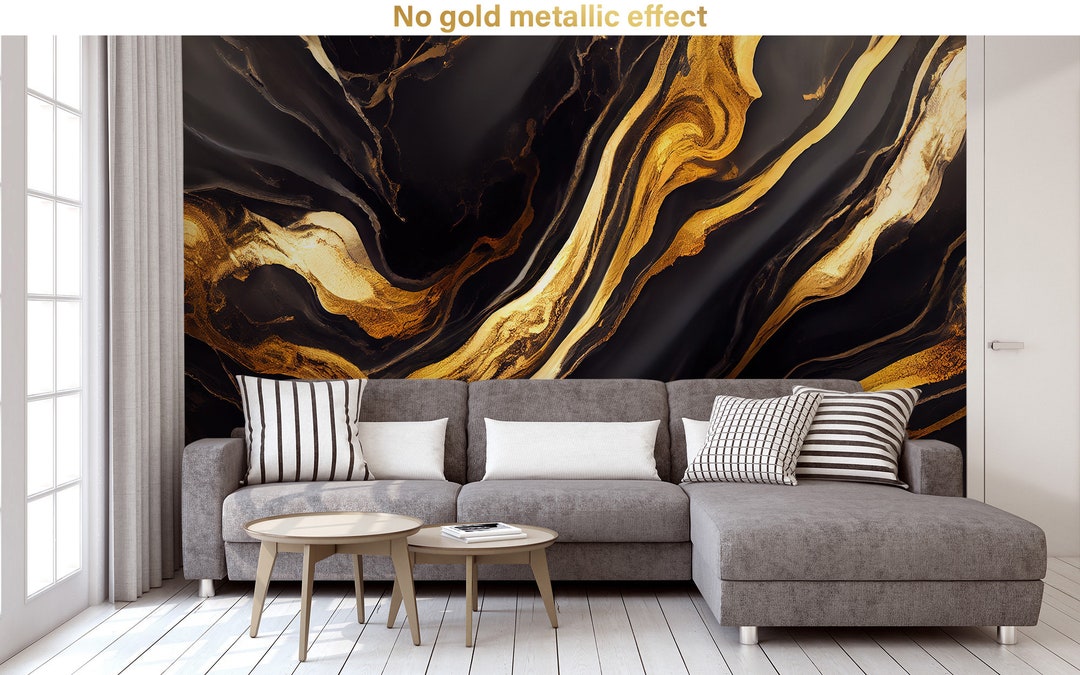 Matte Gold and Black Marble Wallpaper, Abstract, Wall Mural, Removable ...