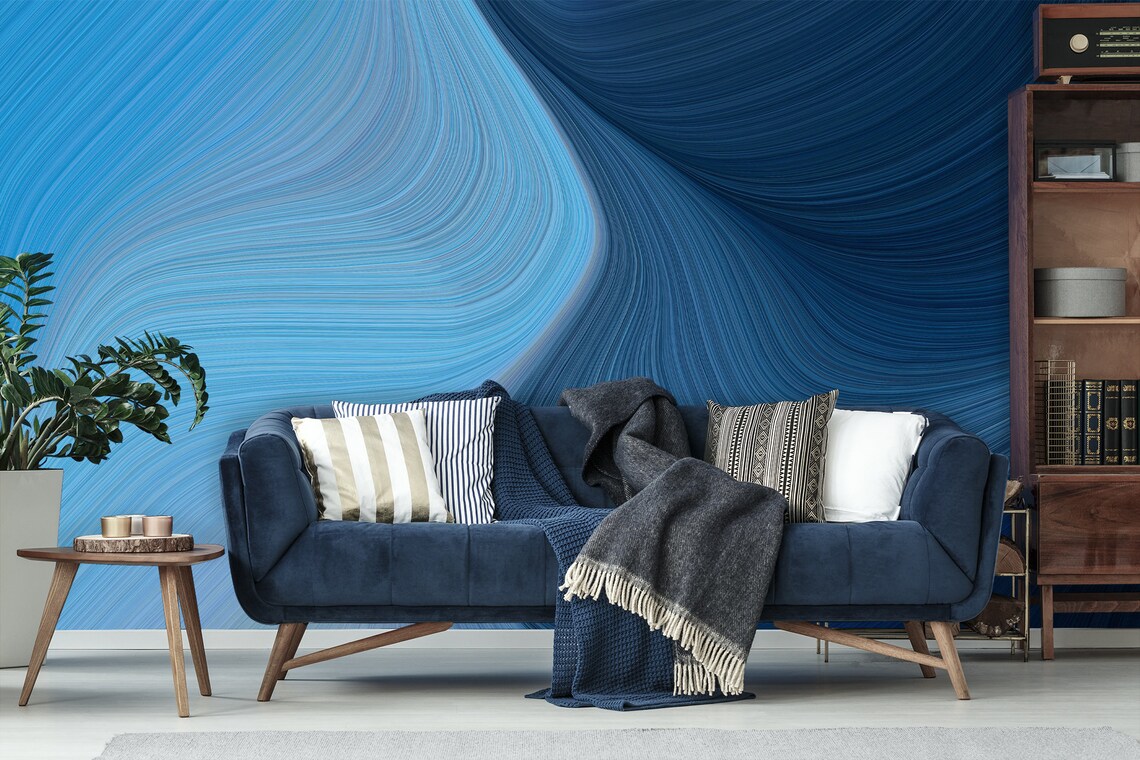 Blue Wallpaper, Dynamic Lines With Waves and Curves, Wall Mural ...