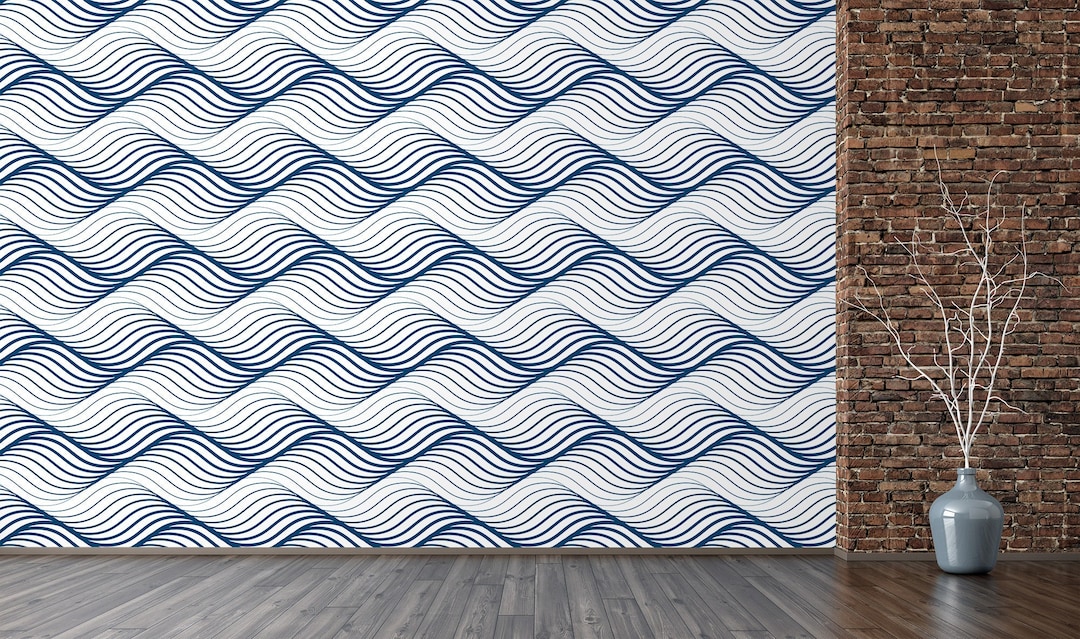 Water Waves Pattern, Abstract Wallpaper, Blue Geometric, Removable ...