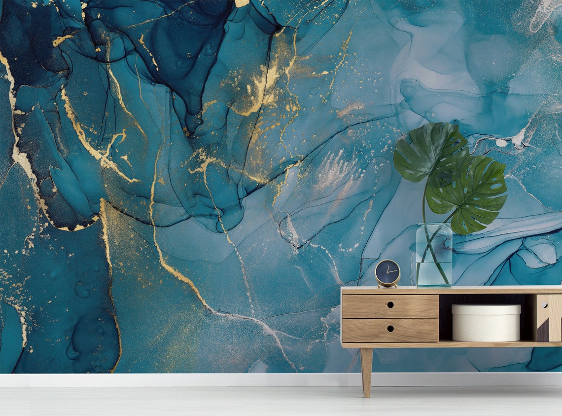 Watercolor Blue Marble Wallpaper Abstract Turquoise and Gold | Etsy UK