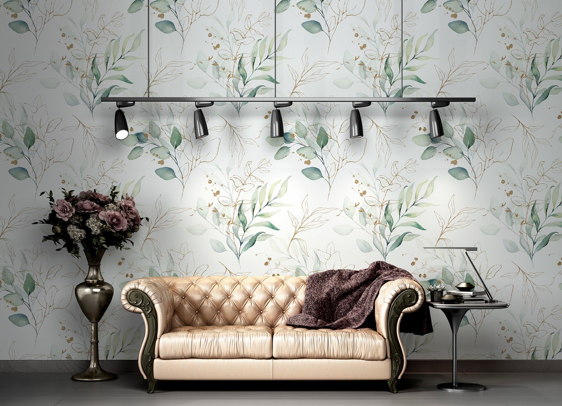 Beautiful Matte Light Green Wallpaper With Watercolor Leaves - Etsy