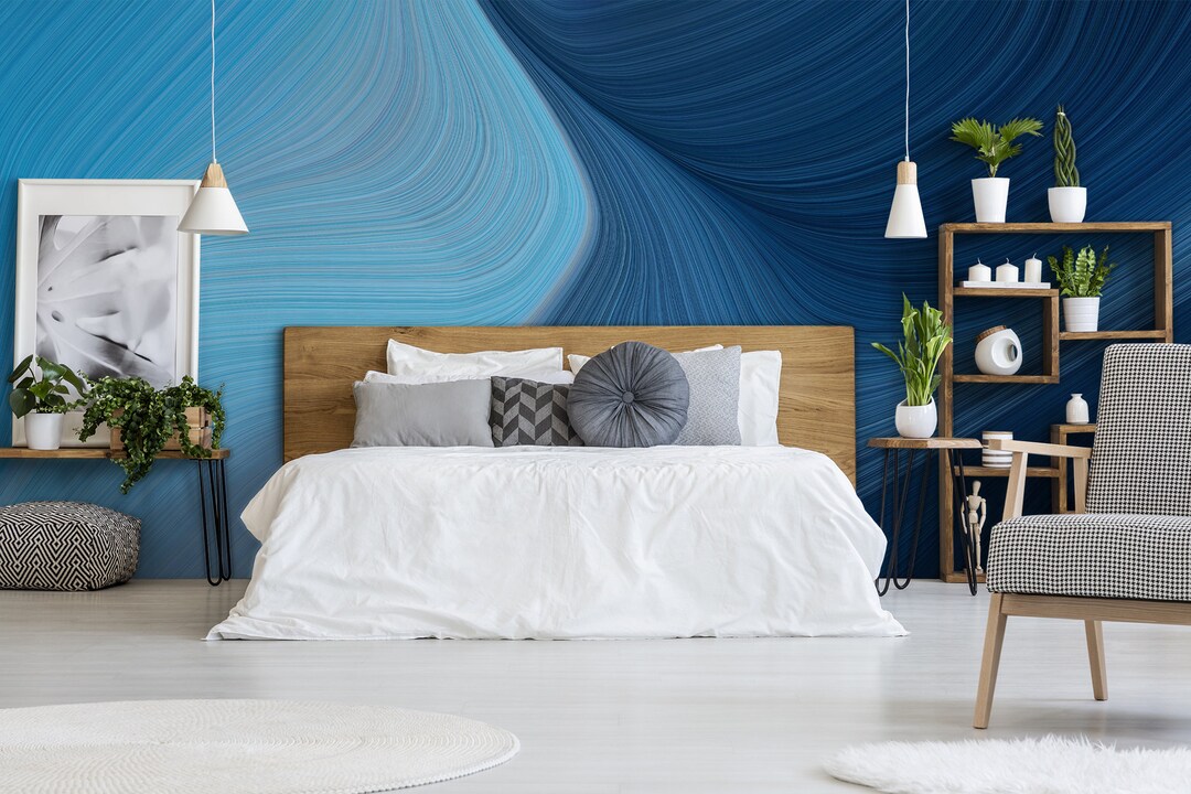 Blue Wallpaper, Dynamic Lines With Waves and Curves, Wall Mural ...