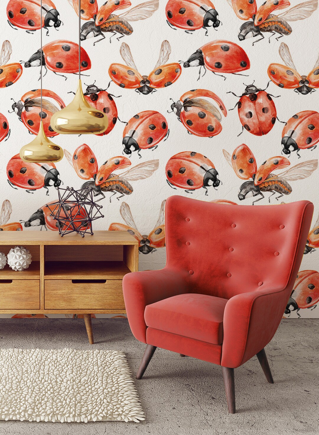 Wallpaper With Ladybird, Animal Pattern, Watercolor Wall Mural, Self ...