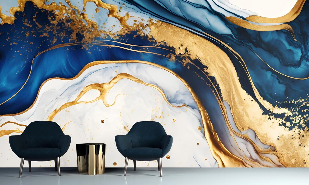 Blue Non-gold Marble Wallpaper, Art Deco Abstract Wall Mural, Removable ...