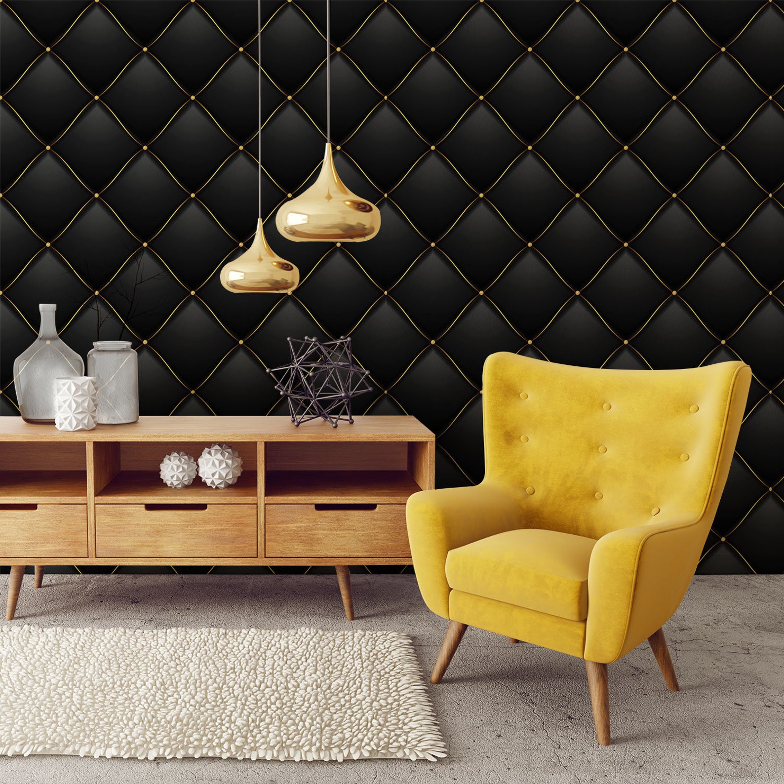 Quilted Black and Yellow Matte Wallpaper, Wall Mural, Removable ...