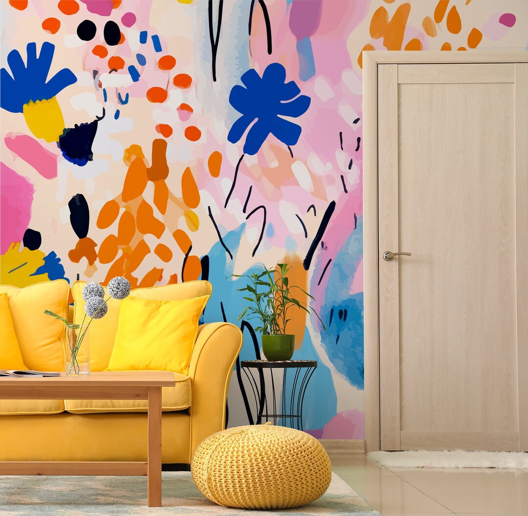Abstract Floral Wallpaper, Modern Pattern, Wall Mural, Removable, Self ...