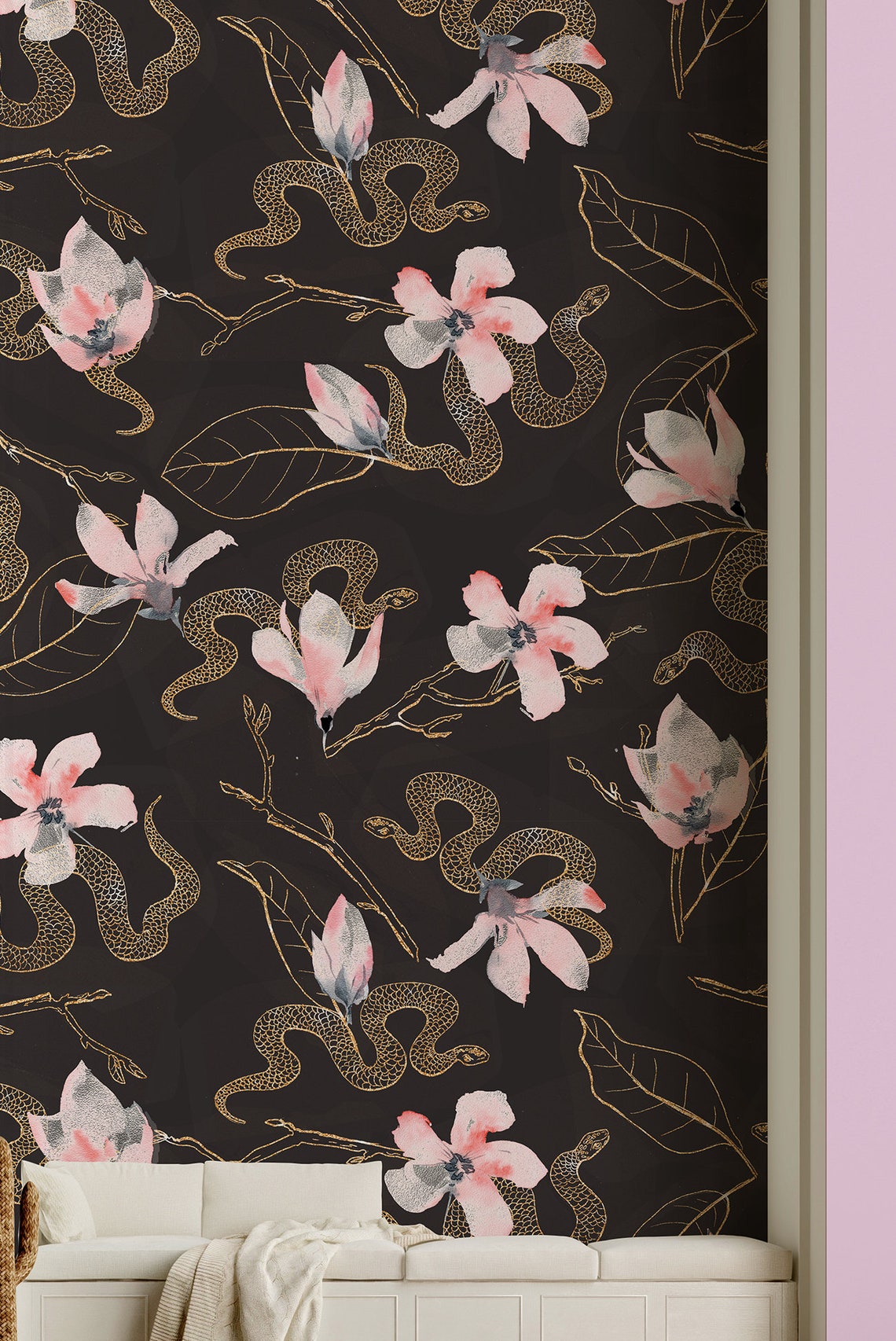 Dark Matte Wallpaper With Watercolor Pink Flowers and Linear - Etsy