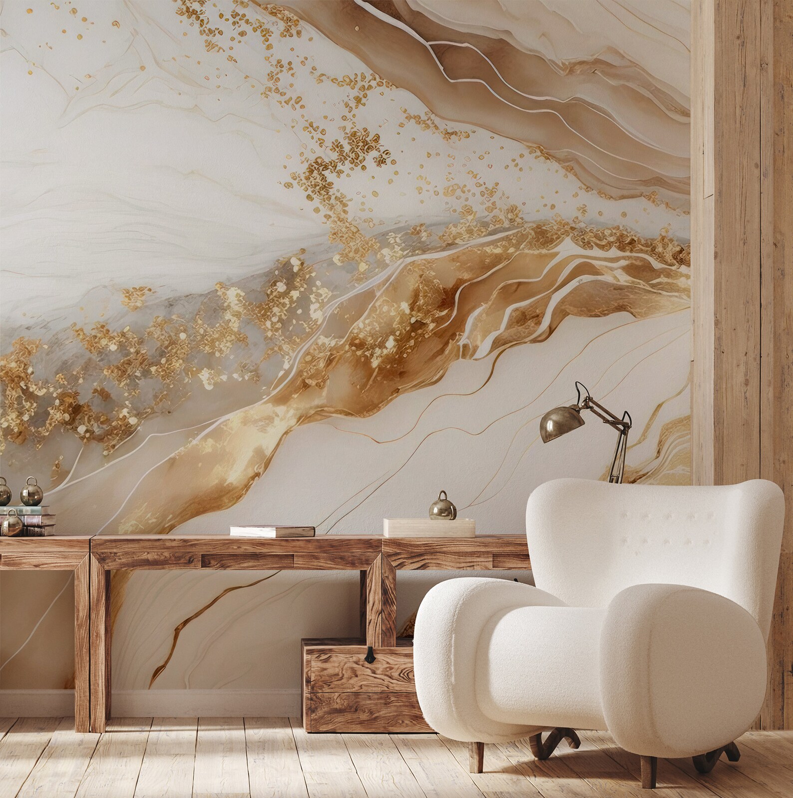 White and Matte Gold Marble Wallpaper, Wall Mural, Removable, Self ...