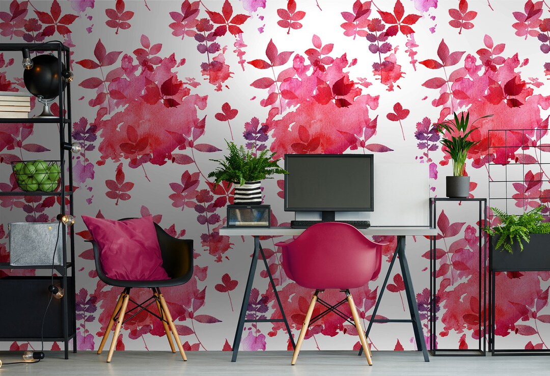 Red and Pink Wallpaper With Leaves, Wall Mural, Self Adhesive (peel and ...
