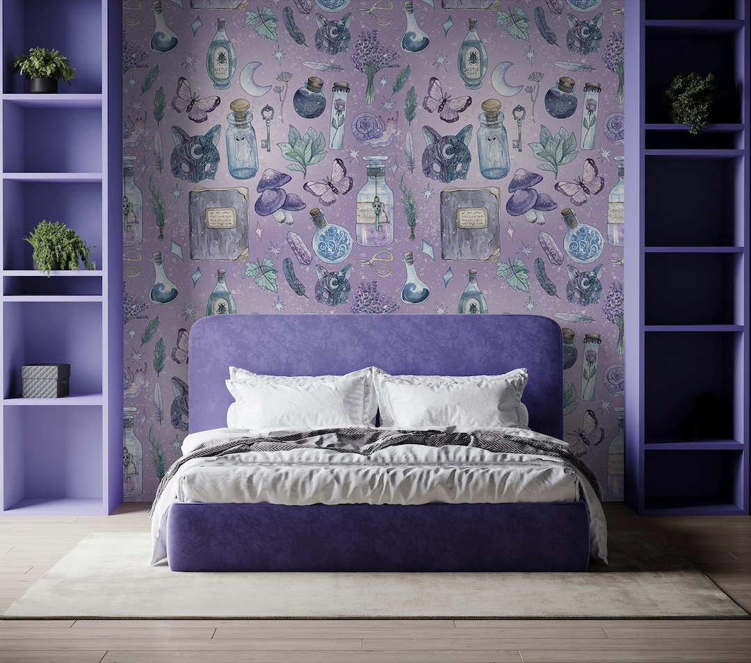 Watercolor Purple Wallpaper With Magical Pattern, Wall Mural, Self ...
