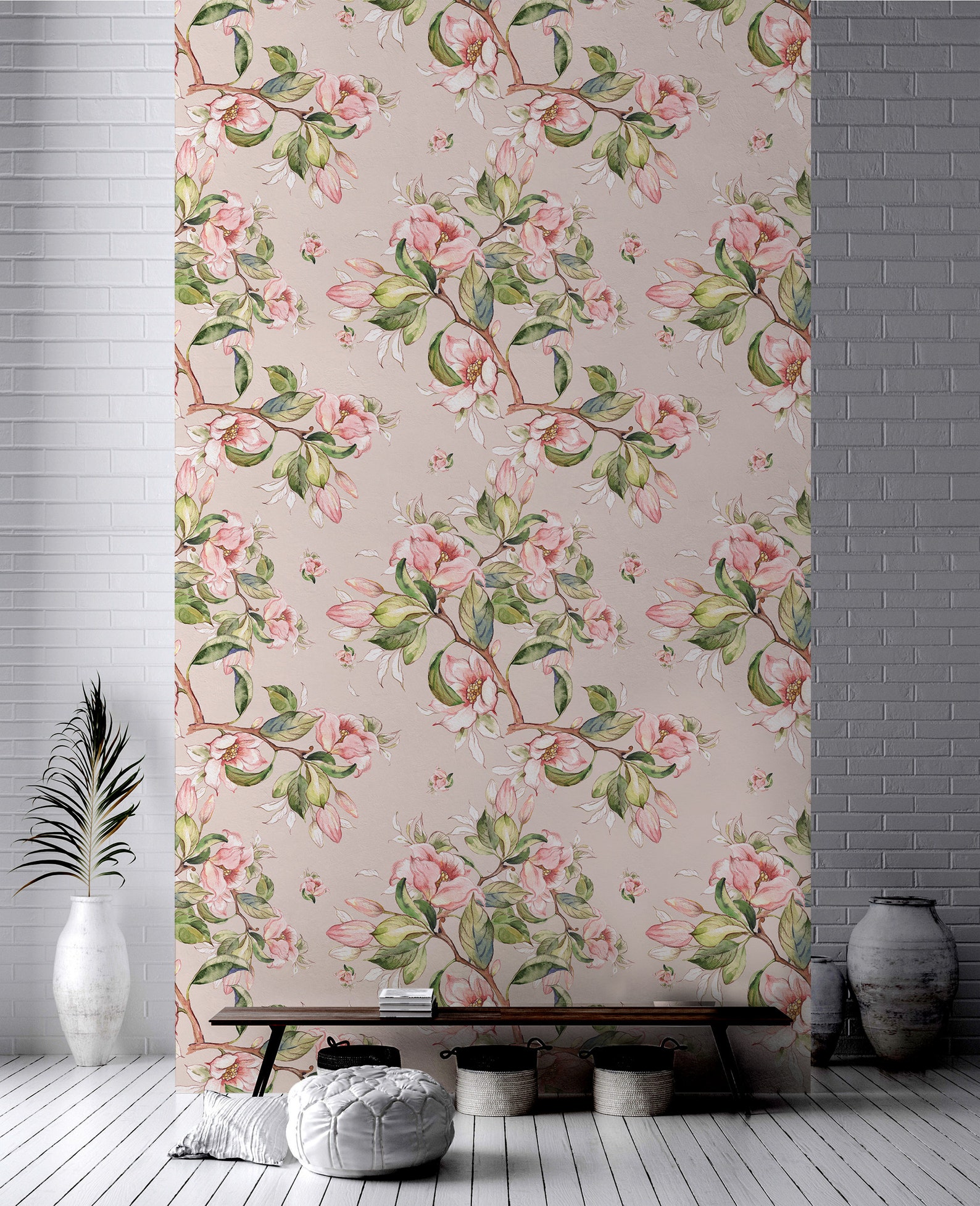 Beige Floral Wallpaper With Pink Flowers and Leaves - Etsy