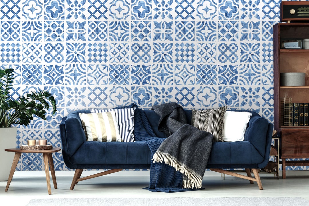 Watercolor Pattern, Blue and White Tiles, Ornament Wallpaper, Removable ...