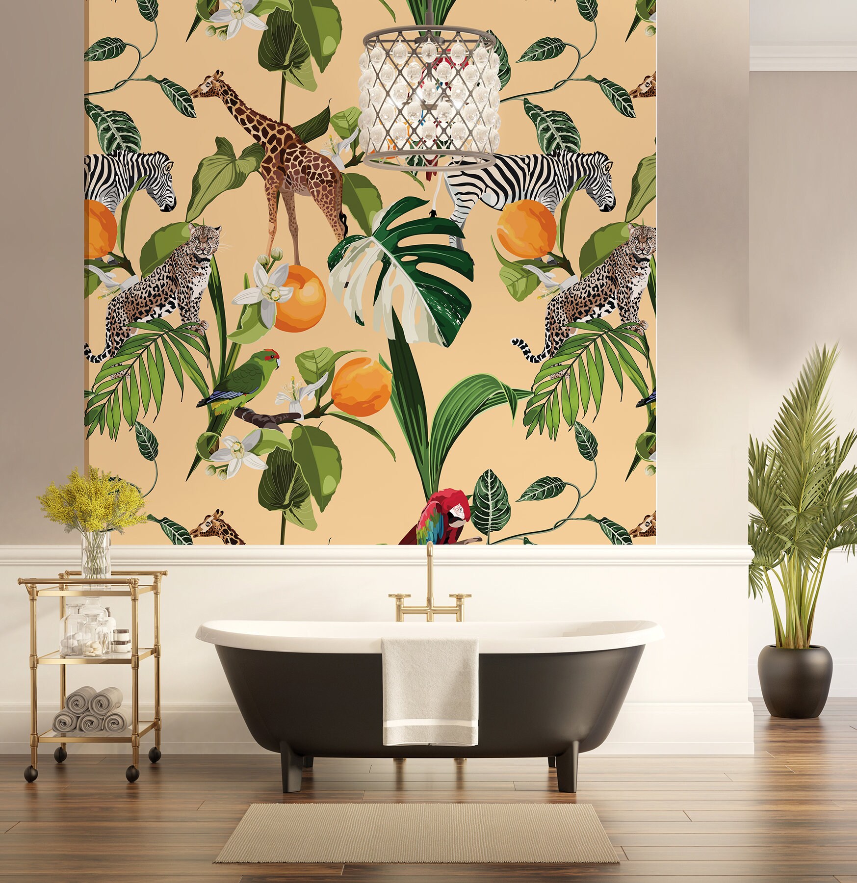 Exotic Wallpaper With Jungle Animals and Leaves Parrots - Etsy