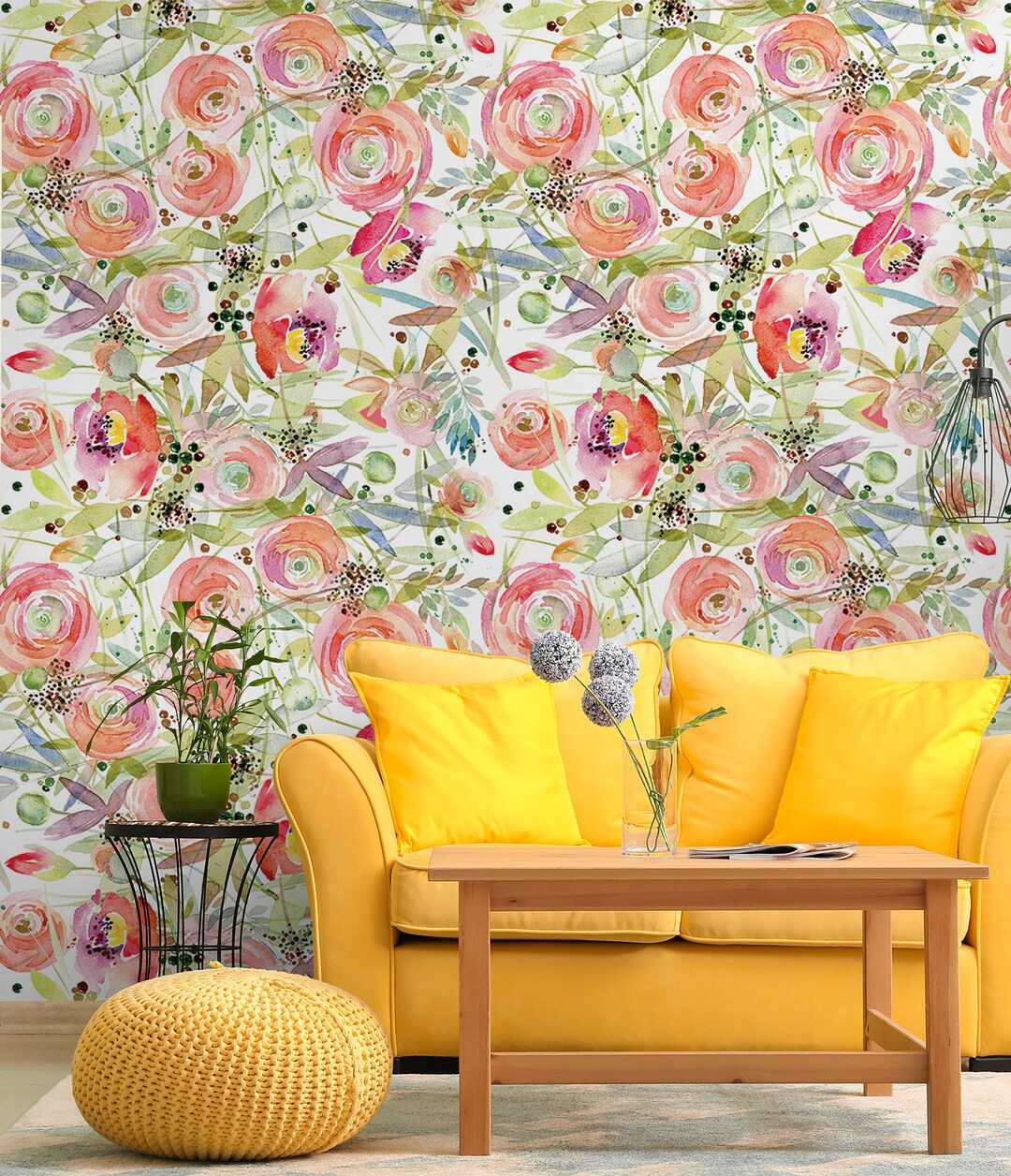 Floral Wallpaper, Roses Flower Pattern, Wall Mural, Removable, Self ...