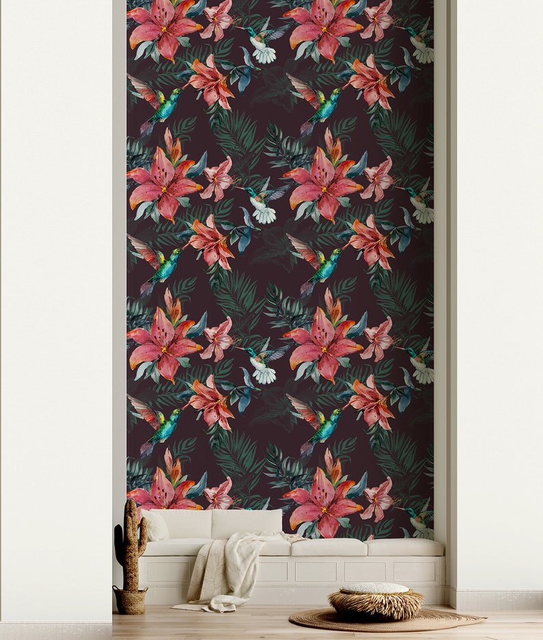 Dark Exotic Floral Wallpaper With Red Flowers and | Etsy