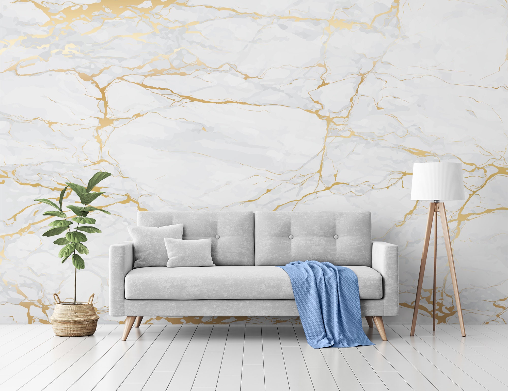 White and Matte Gold Marble Wallpaper, Luxury Design, Wall Mural ...