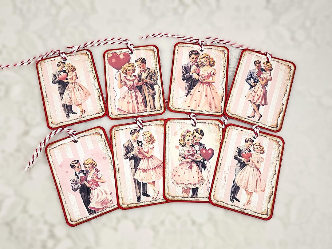 Romantic Retro Gift Tags With Couples and Hearts for Valentine's Day ...
