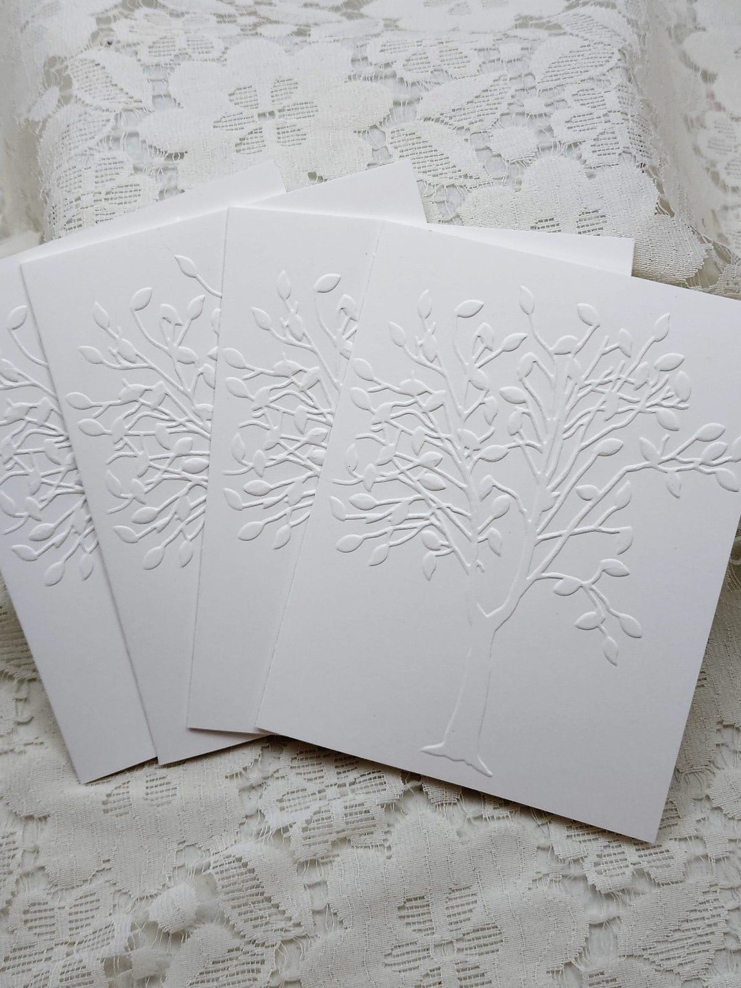 Tree Cards, Set of 4, White Embossed Tree Cards, Autumn, Fall Greeting ...