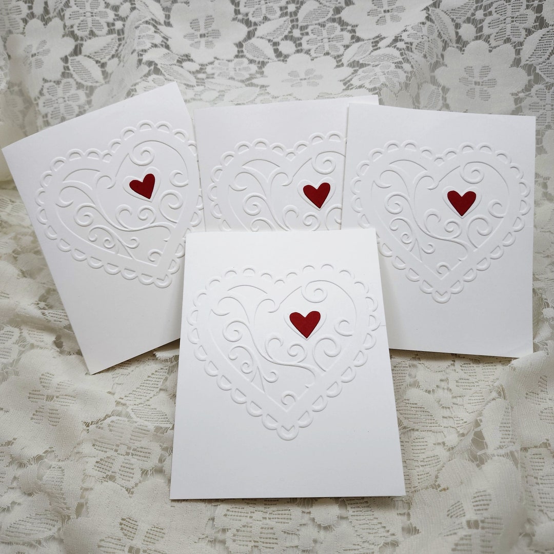 Heart Embossed Card Set of 4 or 6 Love Cards, Red Hearts Valentine Card ...