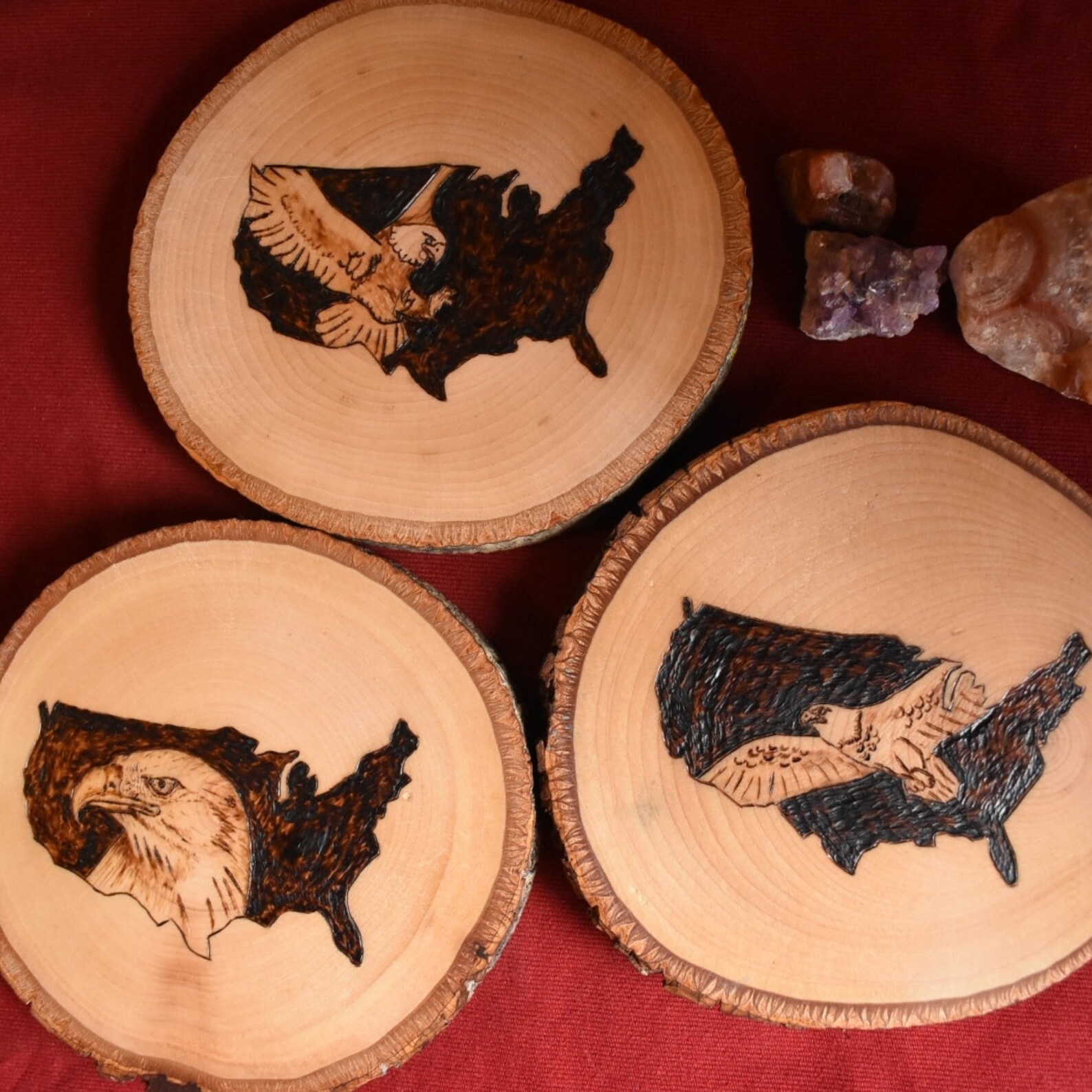Patriotic Coasters With Eagle Designs, Set of 3 Wood Burning Coasters ...