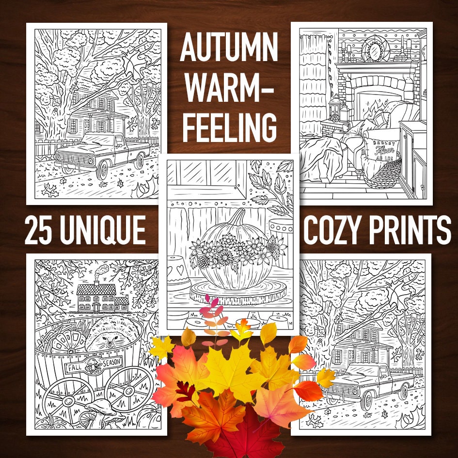 Cozy Autumn Coloring Book 25 Unique Illustrations Printable - Etsy