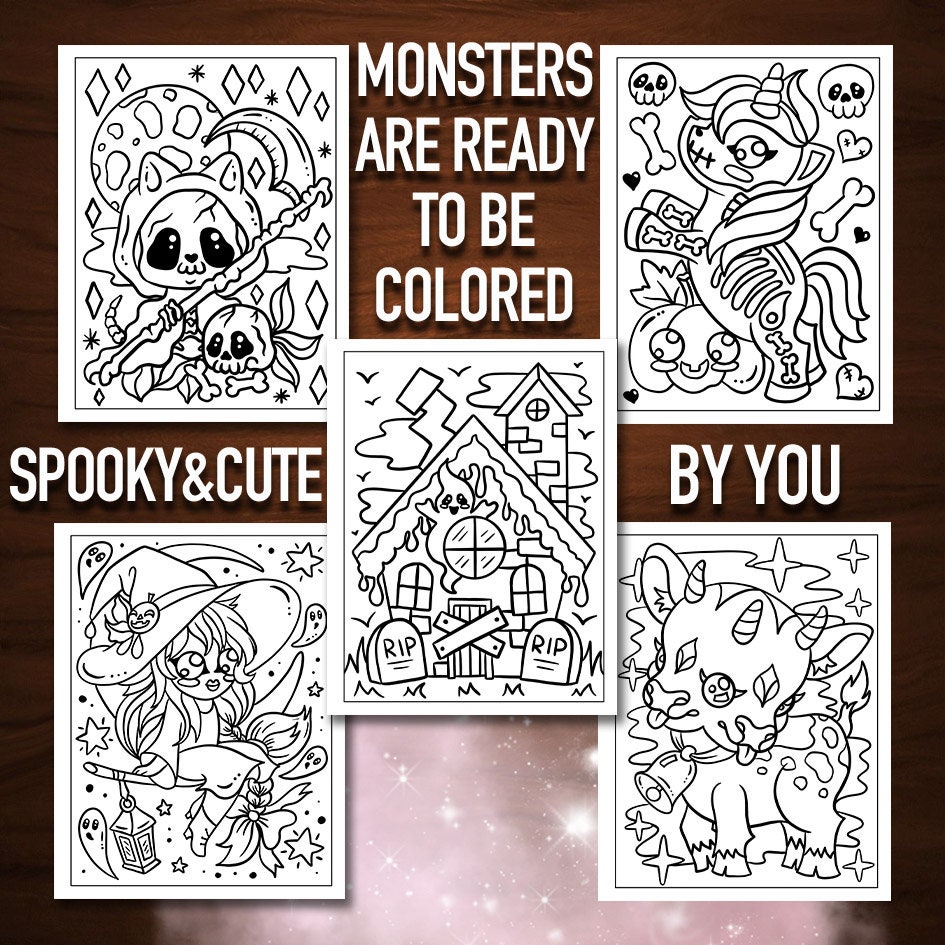 Spooky Kawaii Coloring Book 25 Easy Cute Illustrations Large - Etsy