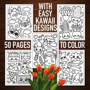 Kawaii: Cute Coloring Book, 50 Easy Adorable Illustrations, Large ...