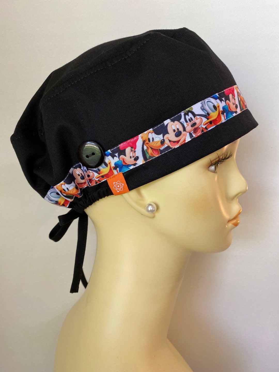 Black Disney Characters Scrub Cap With Buttons. Mickey, Minnie, Donald ...