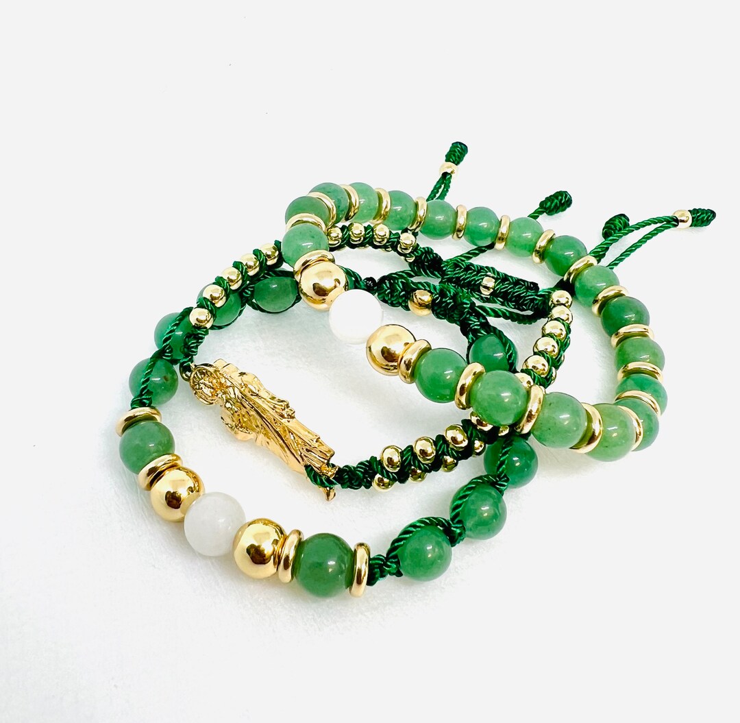 3 Pulseras Piedra Jade Verde Cuarzo Blanco Y Bolas Oro Laminado Con San ...