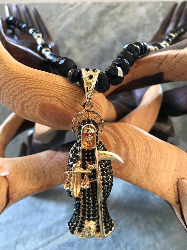 Handmade Holy Death Black Pendant Necklace Collar Santa Muerte Negro ...