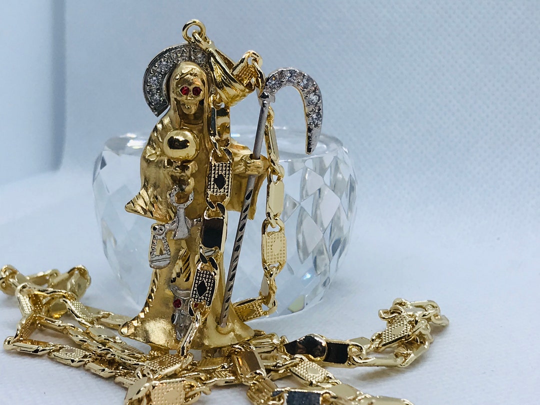 Santa Muerte 5X Layered Gold Filled 3D Pendant Holy Death and Chain 4mm ...