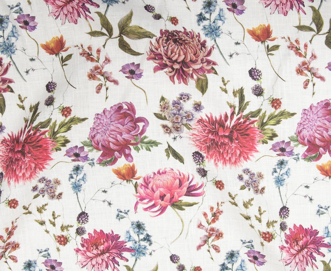Premium 100% Linen Fabric/floral Linen Fabric/painted Flowers Linen ...