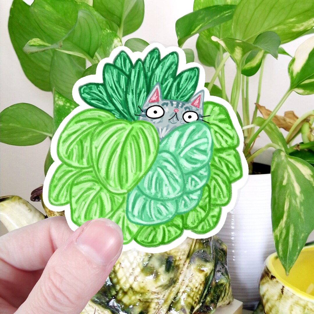 Cute House Plant Cat Sticker, Tabby Cat Sticker, Maximalist Green ...