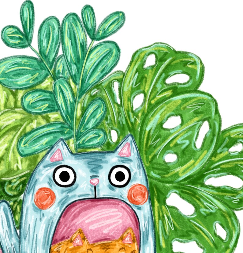 Cat and plant print / Cat plant art / Cat houseplant art / Cat | Etsy