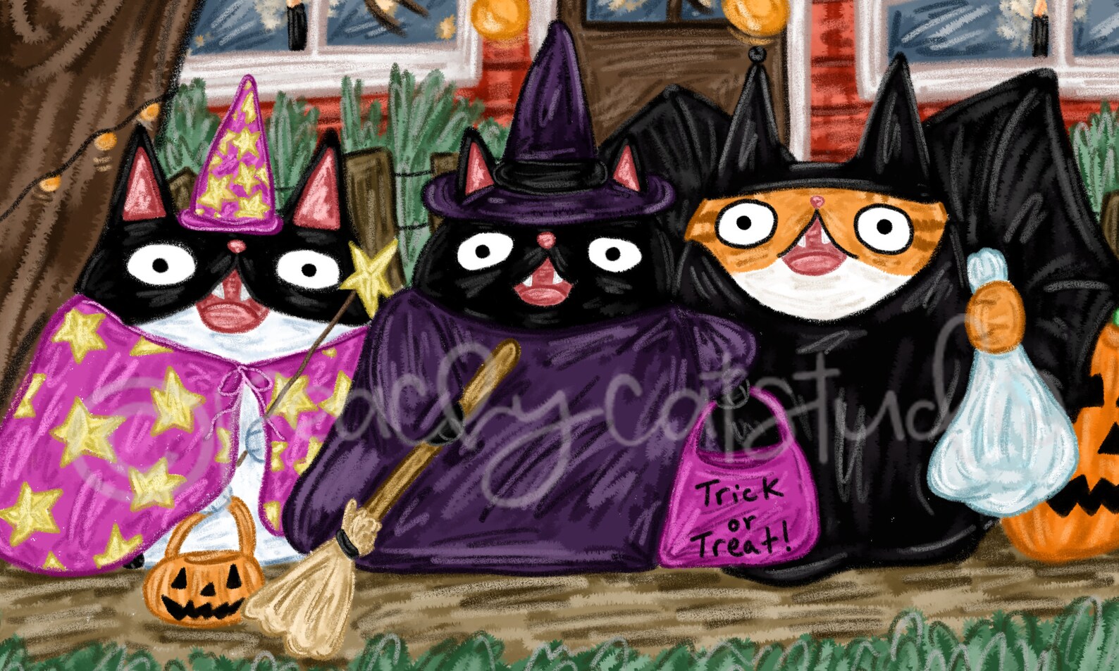 Halloween Cat Art Trick or Treating Art Halloween Print - Etsy